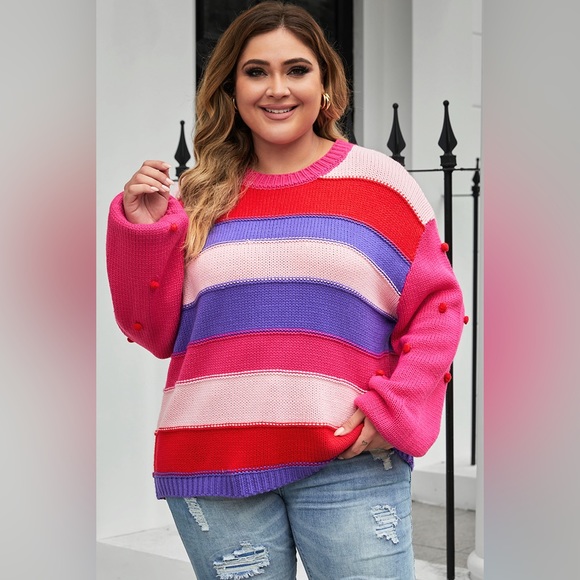 Synz | Sweaters | Plus Size Color Block Pompom Trim Sweater | Poshmark